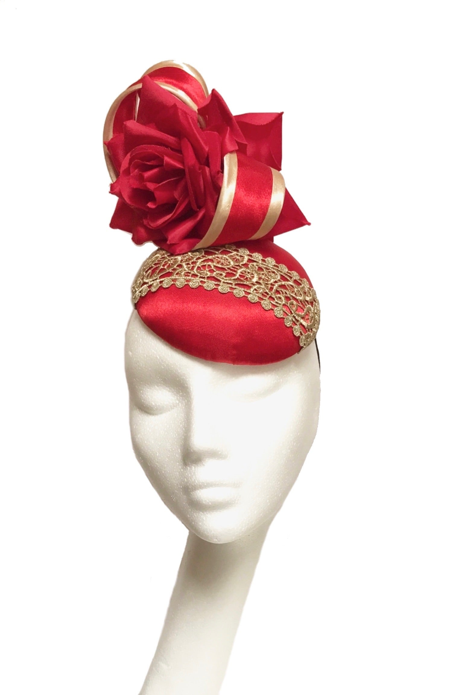 Red & gold hat to hire, Alison Roe Millinery, Tipperary hat hire